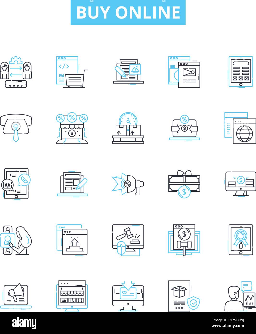 Buy online vector line icons set. Purchase, Order, Obtain, Shop, Buy ...