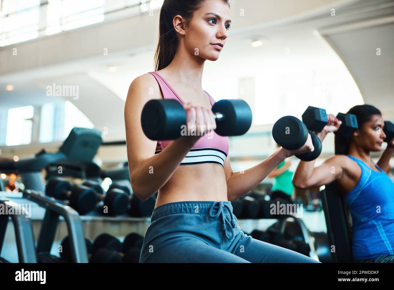 Making the most of her muscles. attractive young women working out with ...