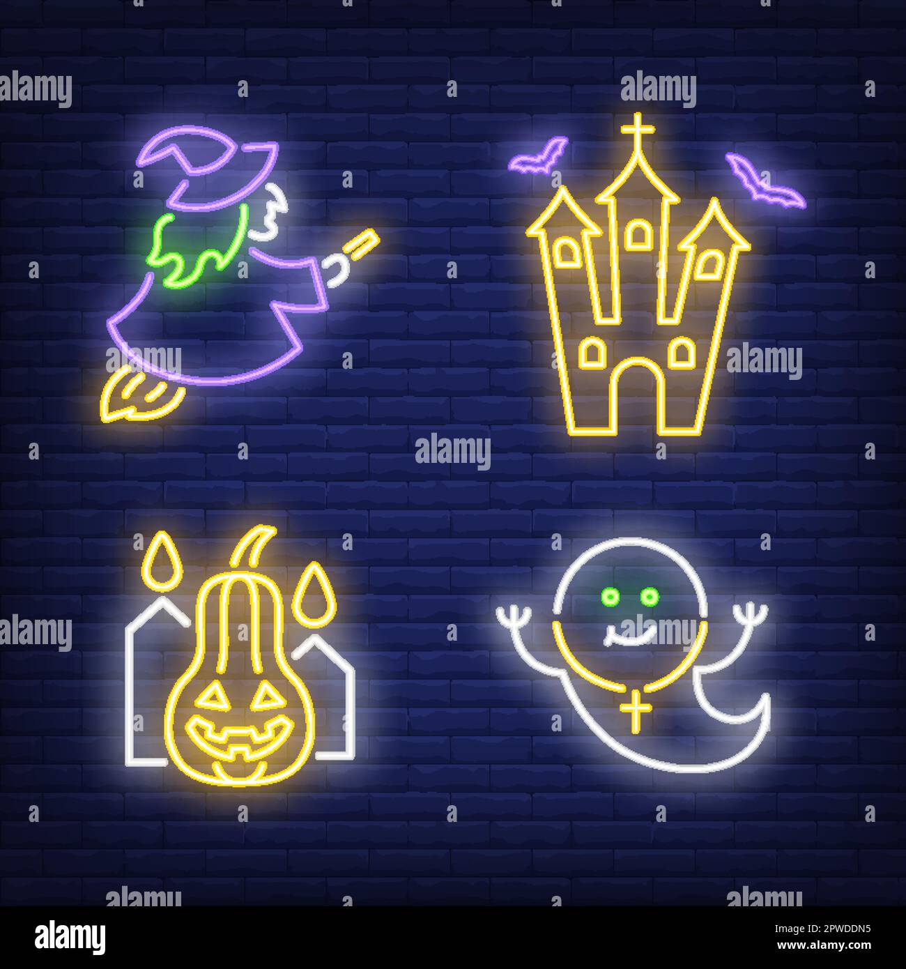 Witch, ghost, castle and pumpkin neon signs set Stock Vector Image ...