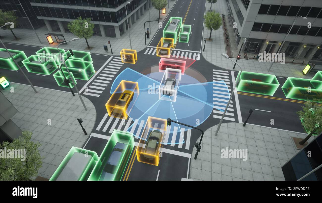 Autonomous car self driving on city street, Smart vehicle technology ...