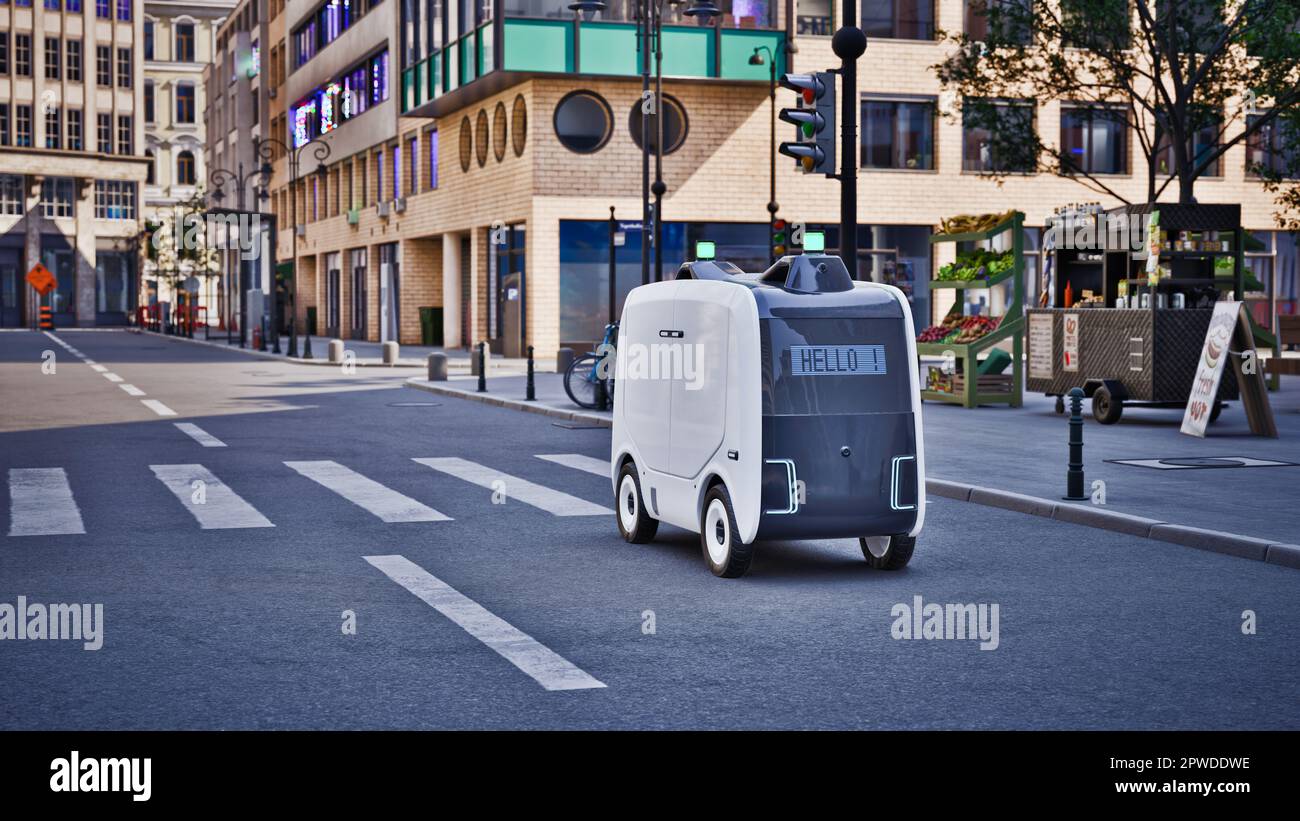 Autonomous delivery robot driverless on street, Smart vehicle ...