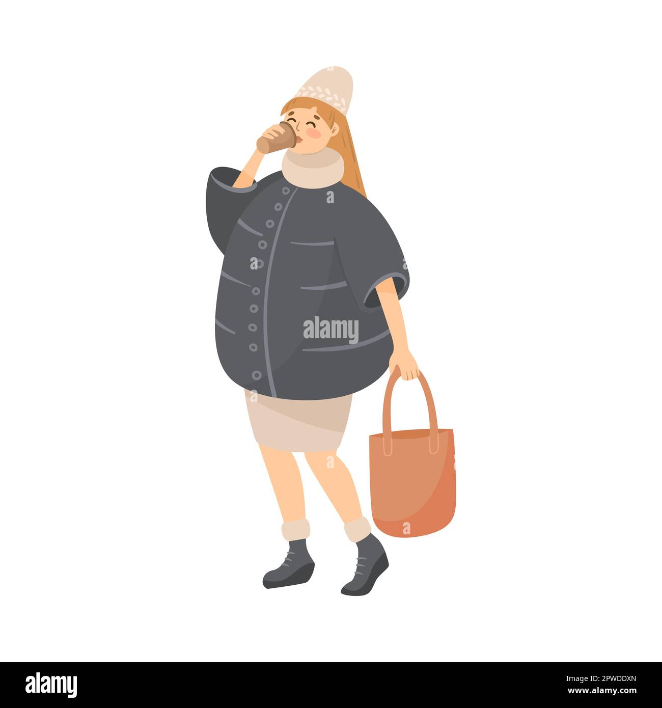 Busy woman with coffee in black jacket cartoon illustration Stock ...