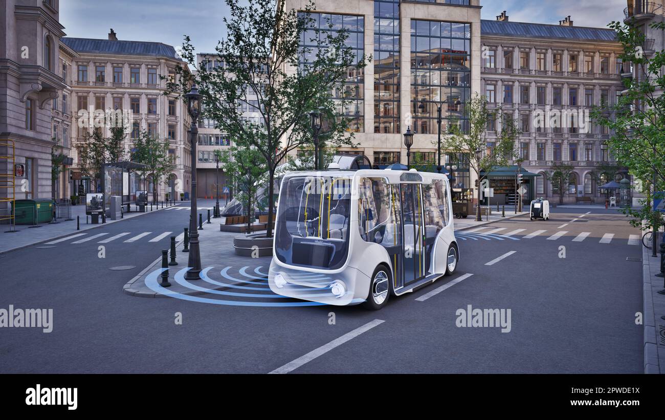 Autonomous electric bus self driving on street, Smart vehicle ...