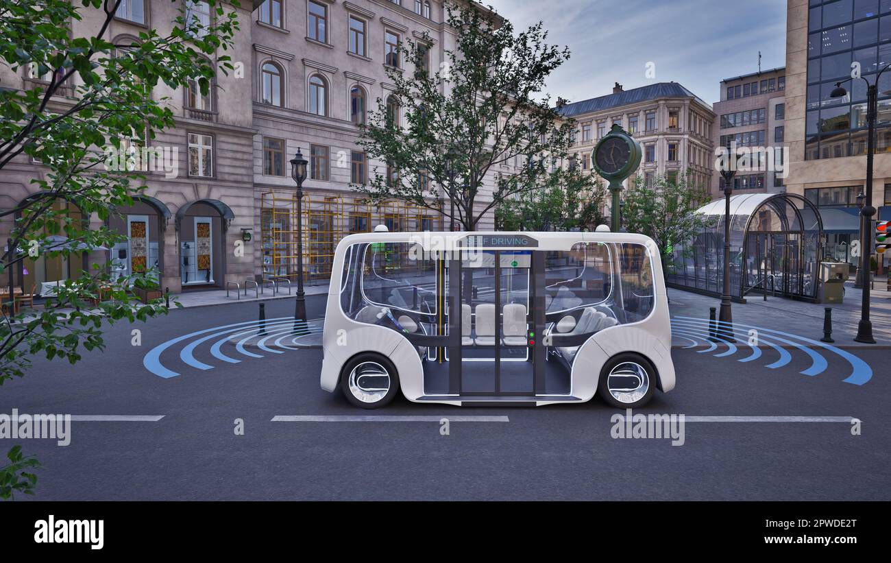 Autonomous electric bus self driving on street, Smart vehicle ...