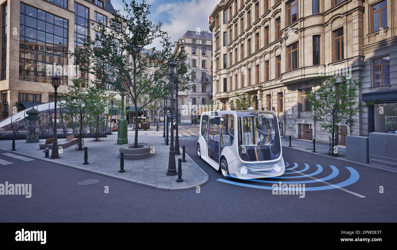 Autonomous electric bus self driving on street, Smart vehicle ...