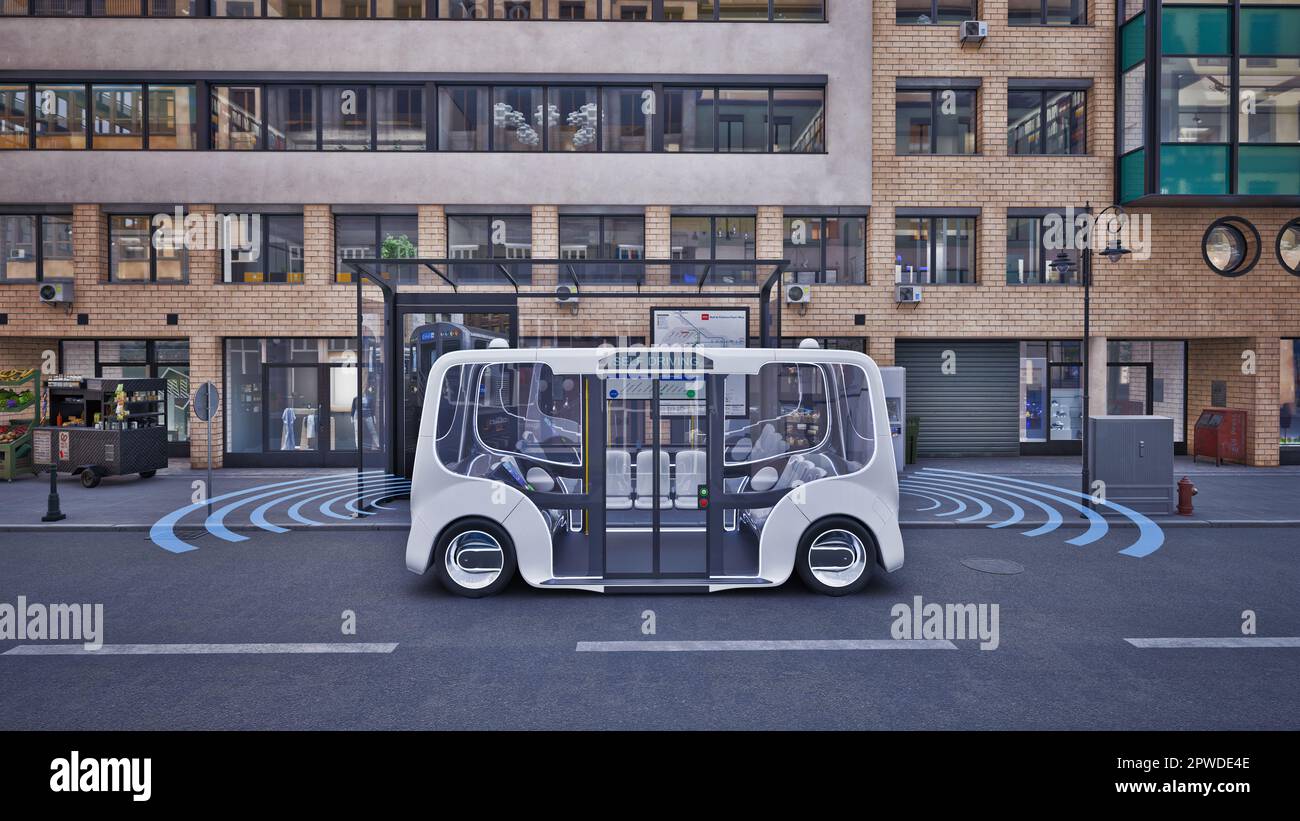 Autonomous electric bus self driving on street, Smart vehicle ...