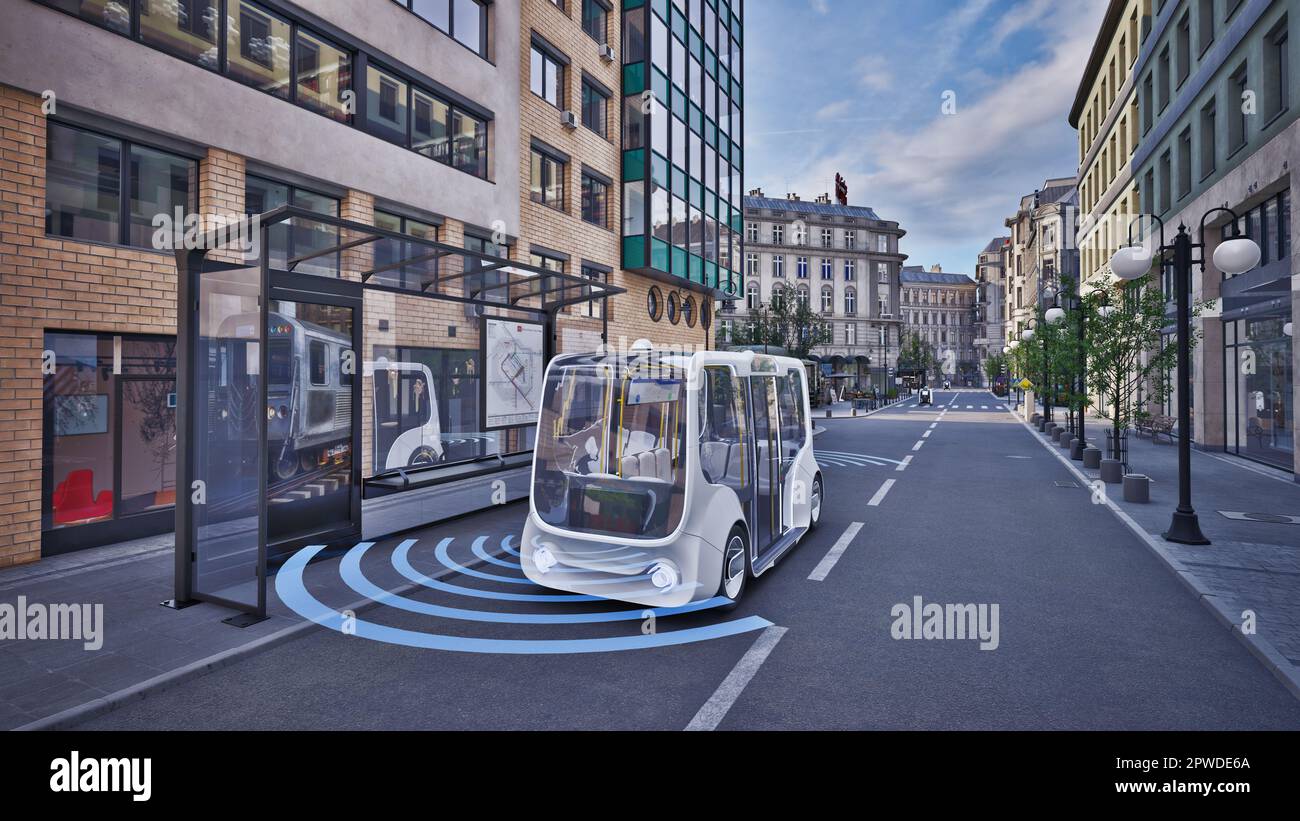 Autonomous electric bus self driving on street, Smart vehicle ...