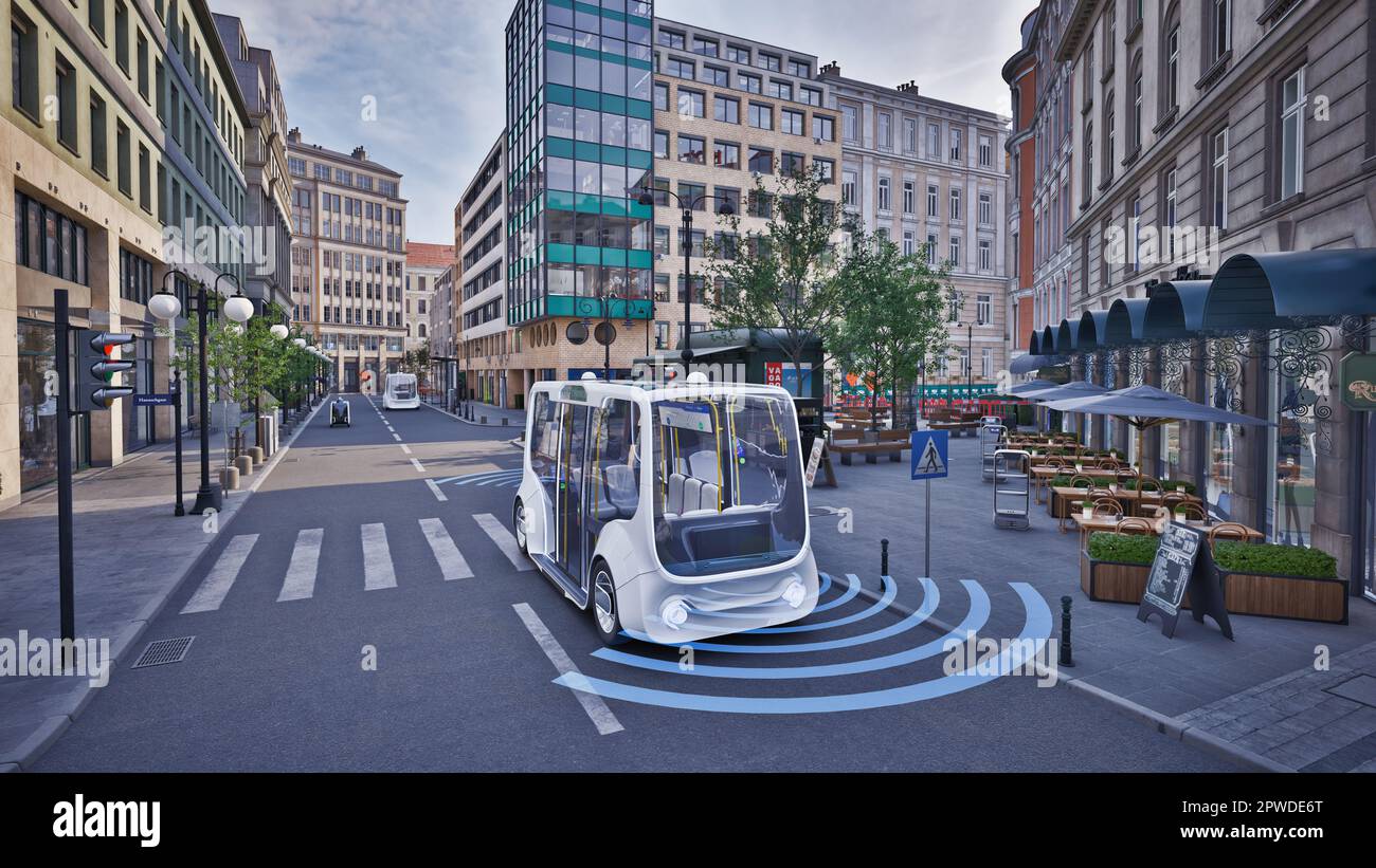 Autonomous electric bus self driving on street, Smart vehicle ...