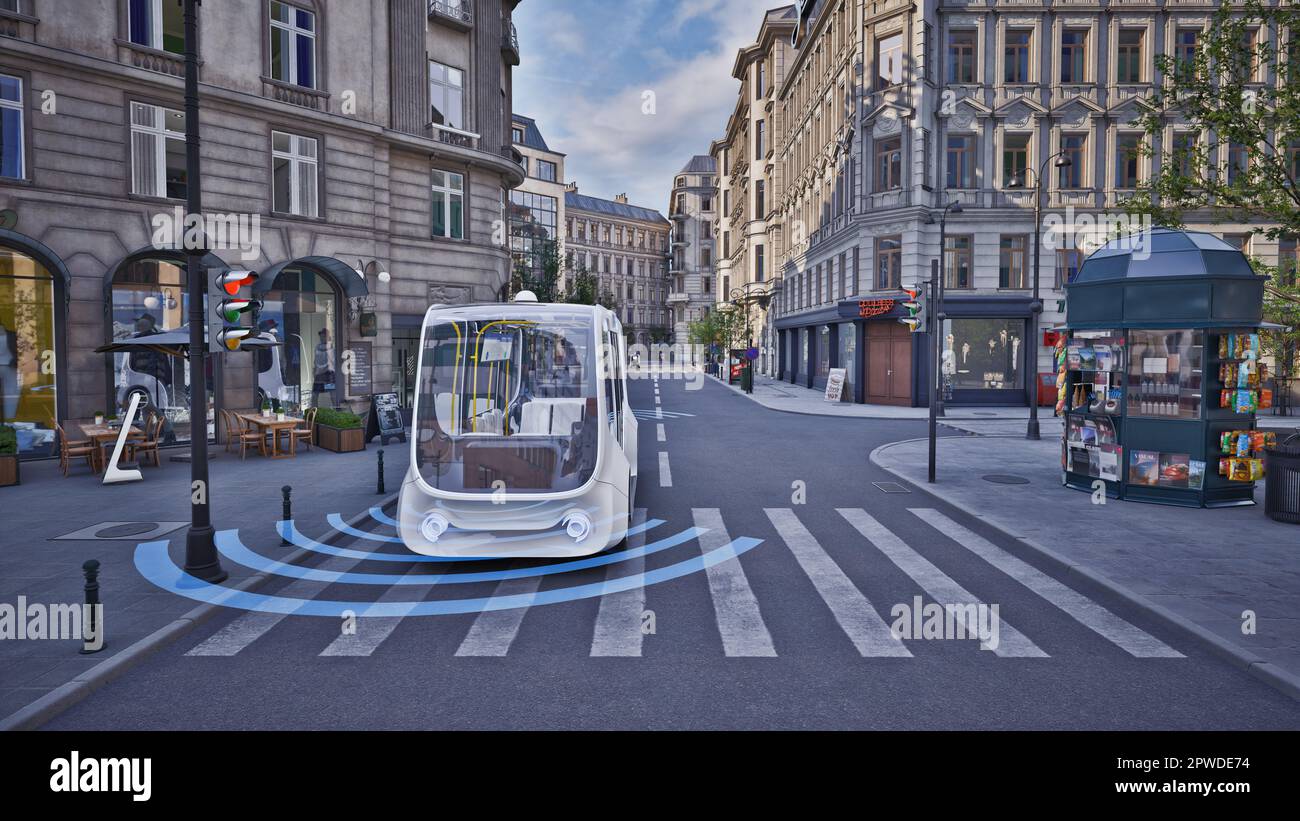 Autonomous electric bus self driving on street, Smart vehicle ...