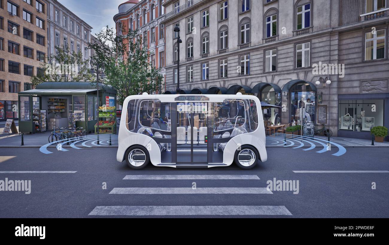 Autonomous electric bus self driving on street, Smart vehicle ...