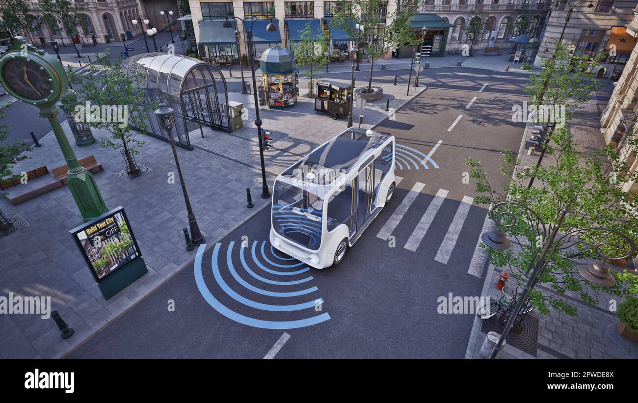 Autonomous electric bus self driving on street, Smart vehicle technology concept, 3d render ...