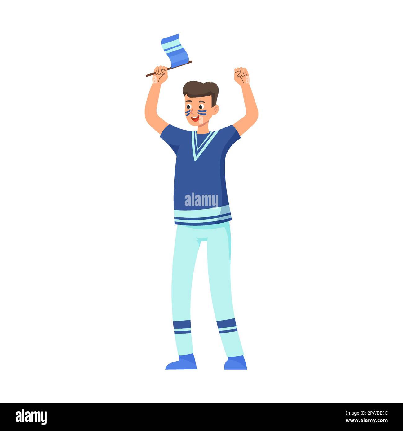 Football or soccer fan with small team flag in hand, flat vector ...