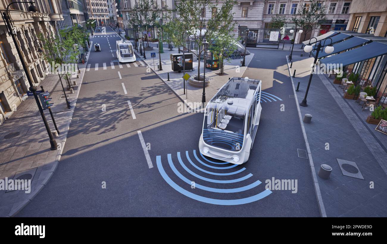 Autonomous electric bus self driving on street, Smart vehicle ...