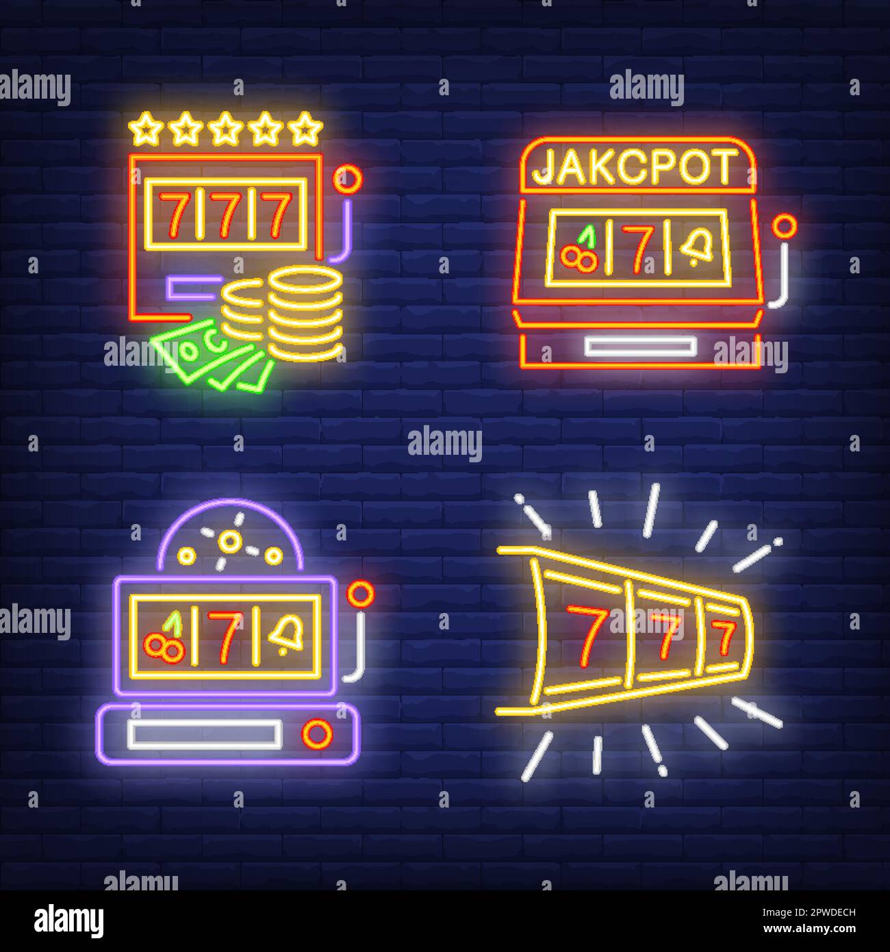 Lucky seven, slot machine and jackpot neon signs set Stock Vector Image ...