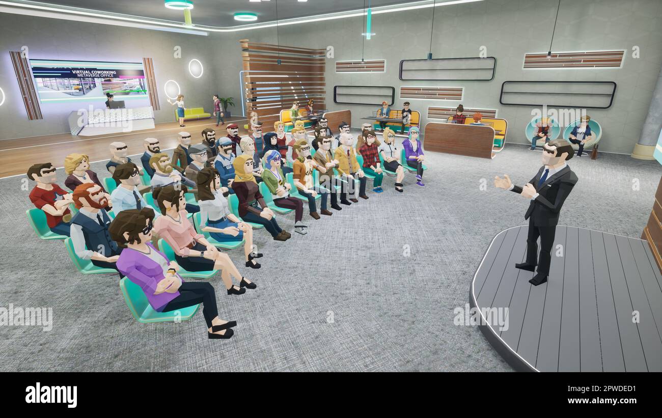 Metaverse avatars of people seminar online in virtual worlds, 3d render ...