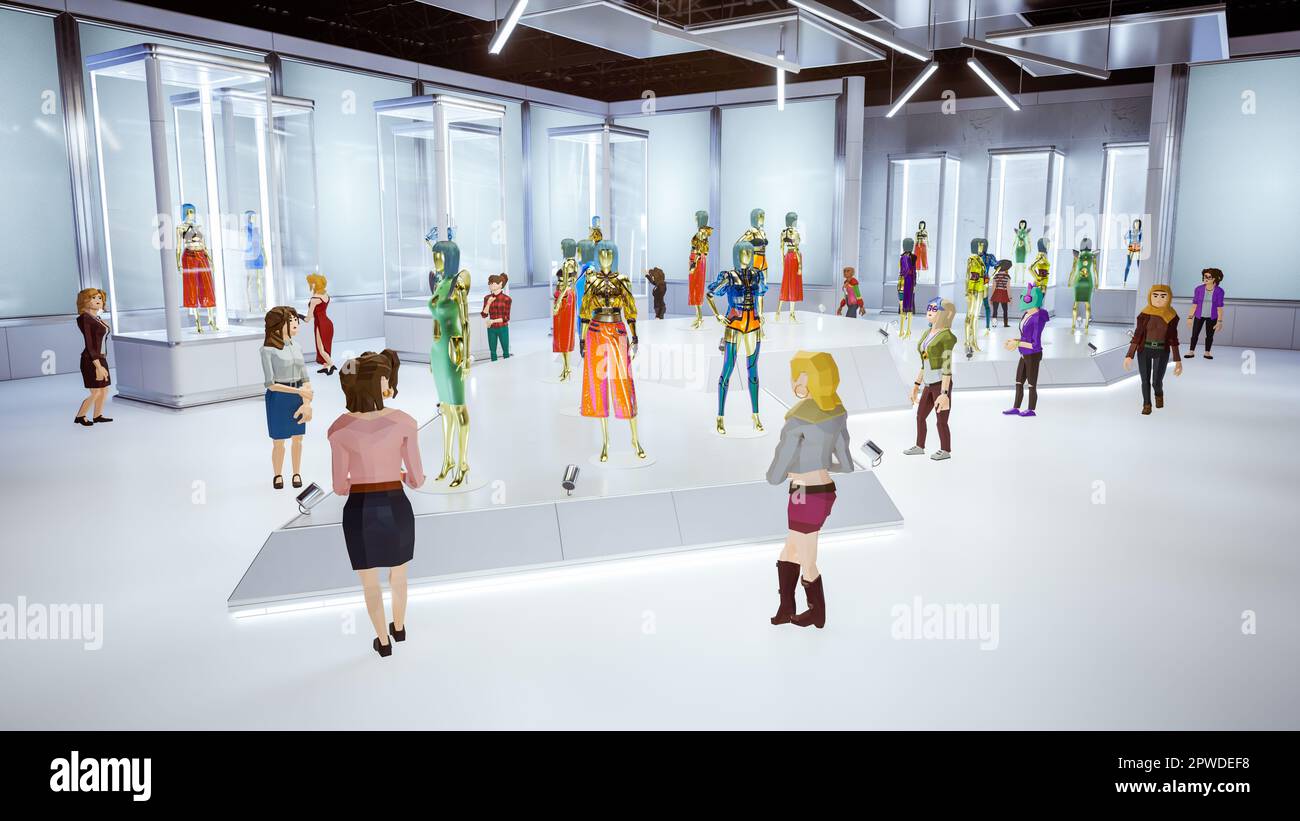 Metaverse avatars of people shopping in digital clothing shop, 3d ...