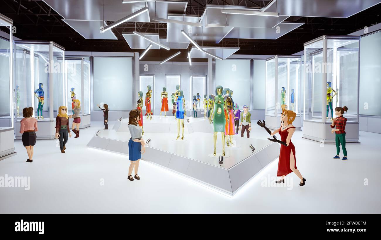 Metaverse avatars of people shopping in digital clothing shop, 3d ...
