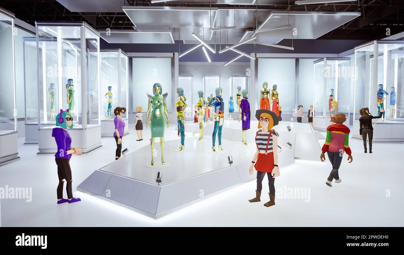 Metaverse avatars of people shopping in digital clothing shop, 3d ...