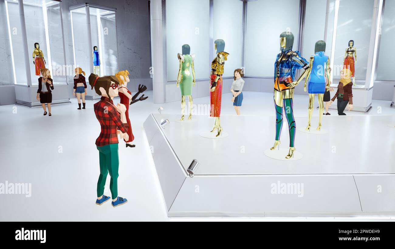Metaverse avatars of people shopping in digital clothing shop, 3d ...