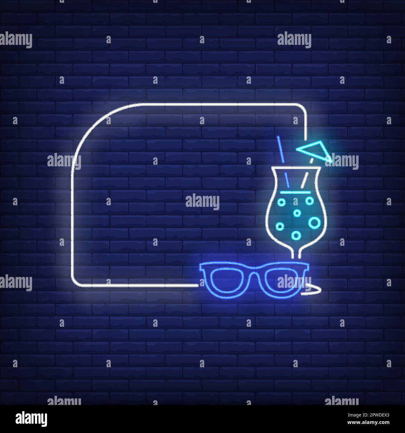 White glowing frame neon sign. Border with tropical cocktail Stock ...