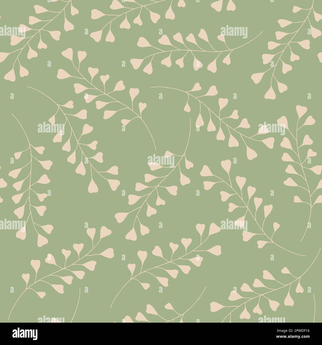 Beige branches on pale green background seamless pattern. Hand drawn ...