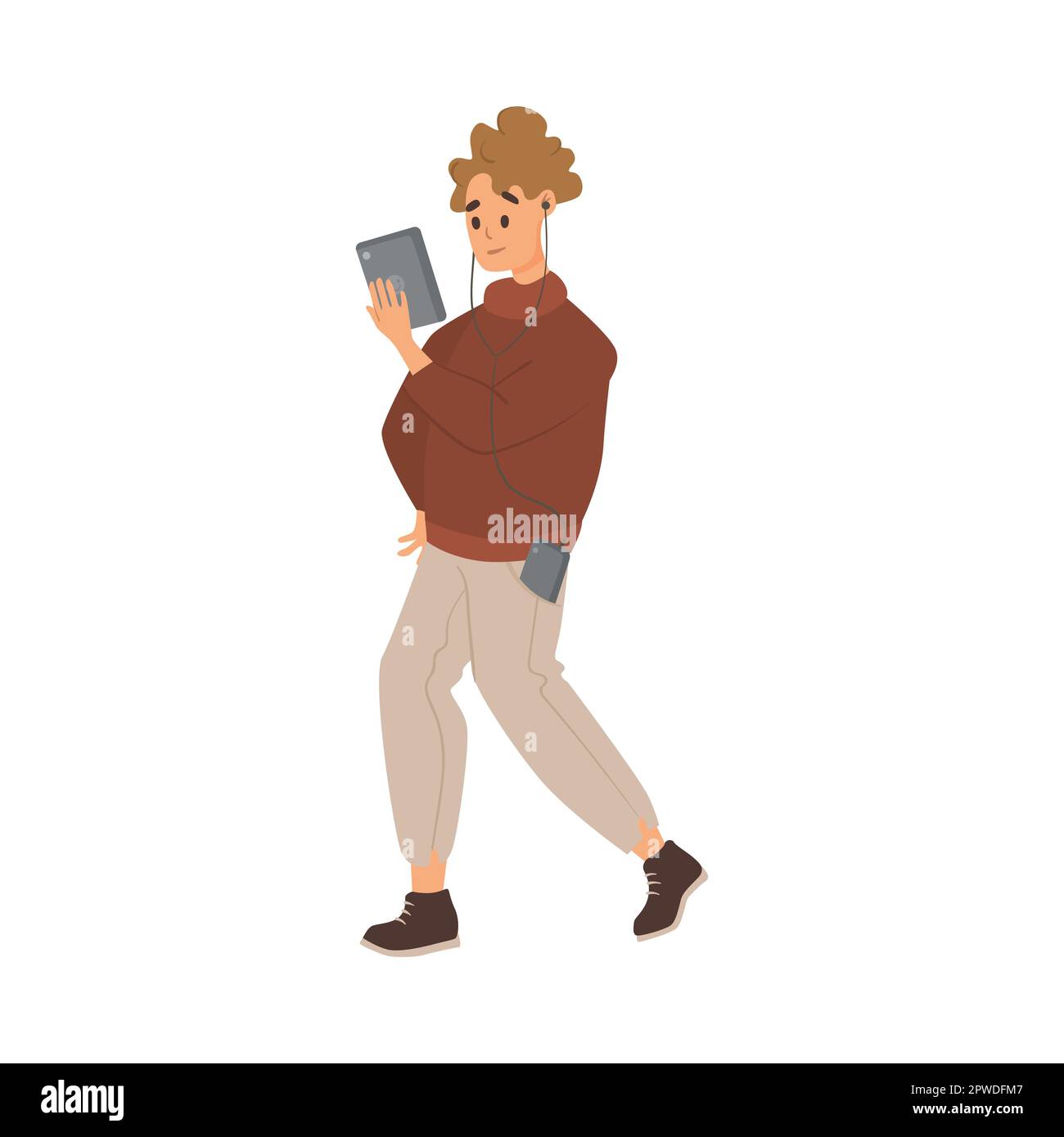 Busy student in headphones with phone going to university cartoon ...