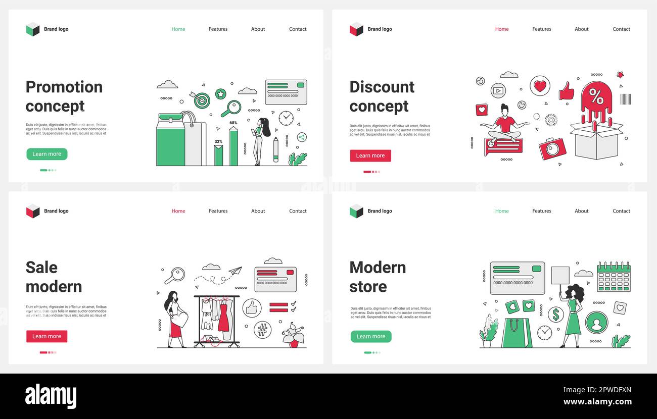 Modern store advertising and discounts, shop sales and marketing set ...