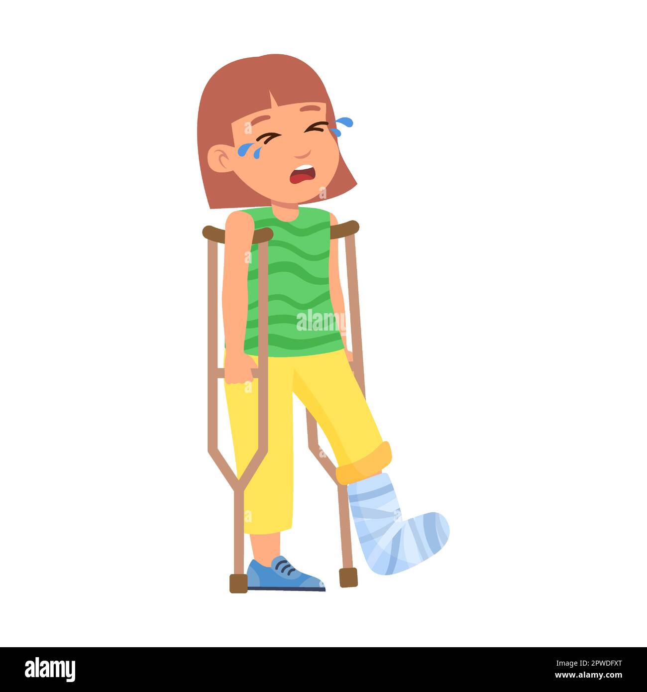 girl with broken leg in cast on crutches. Cute children as medical ...
