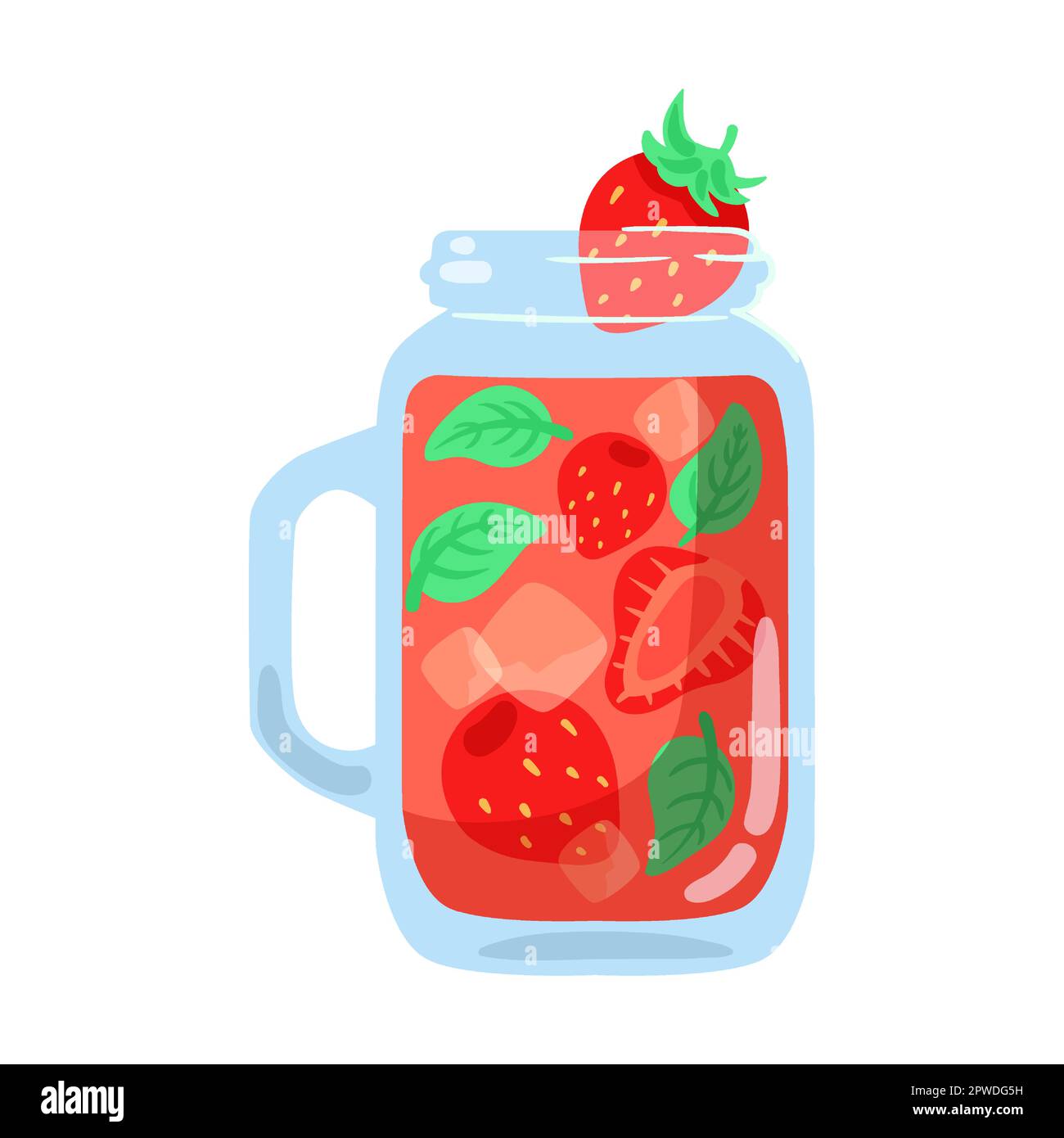 pitcher of strawberry mint drink, cartoon illustration. Glass of ...