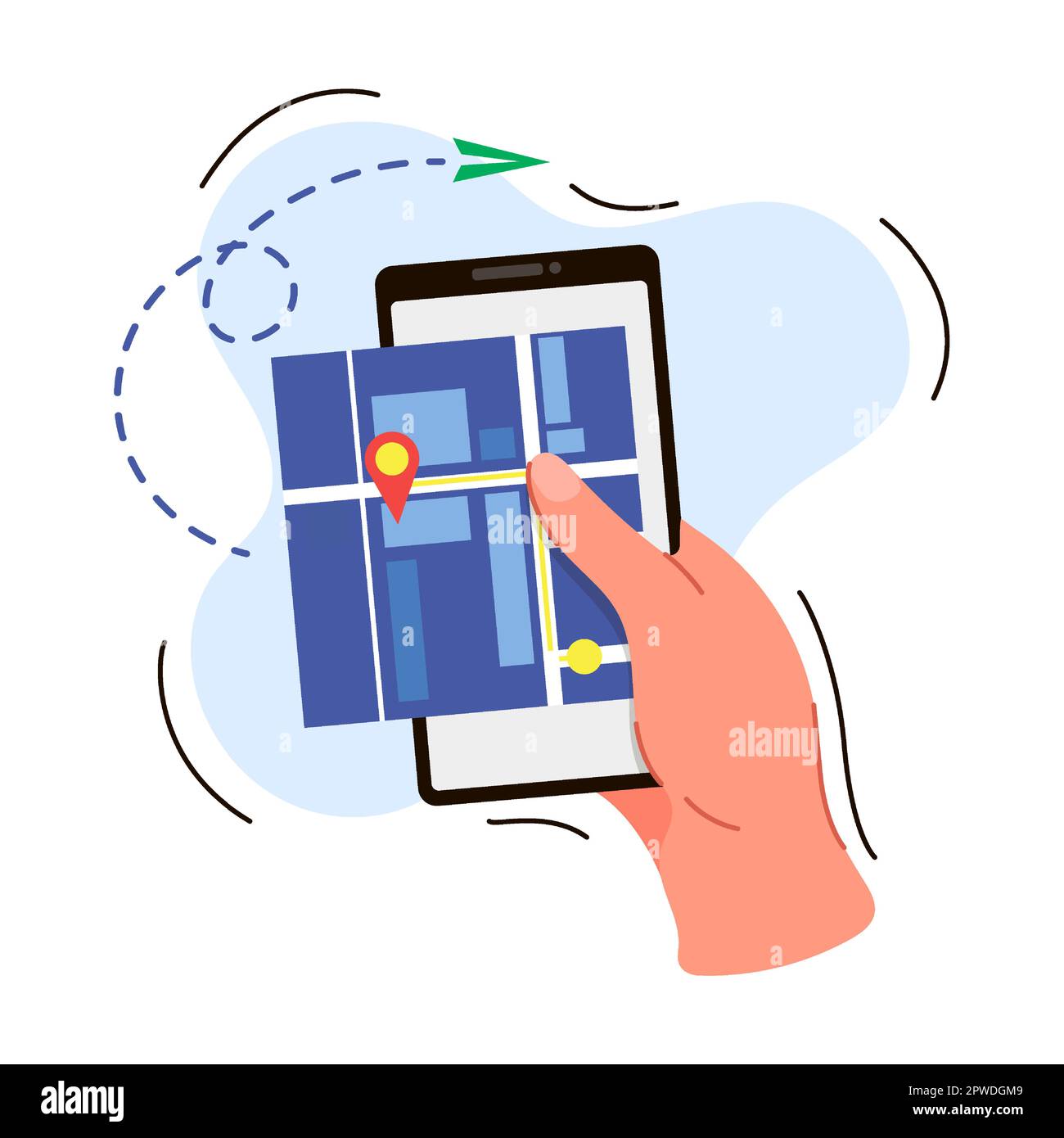 Hand holding mobile phone with location map. Vector illustration of ...