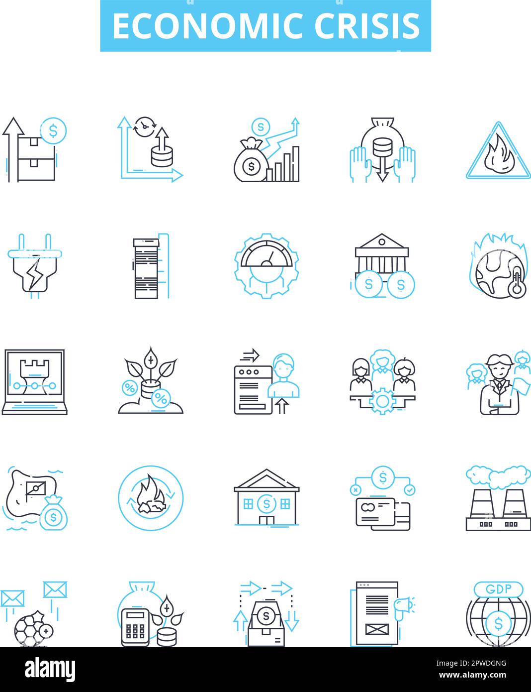 Economic crisis vector line icons set. Economy, Crisis, Recession, Inflation, Deflation ...
