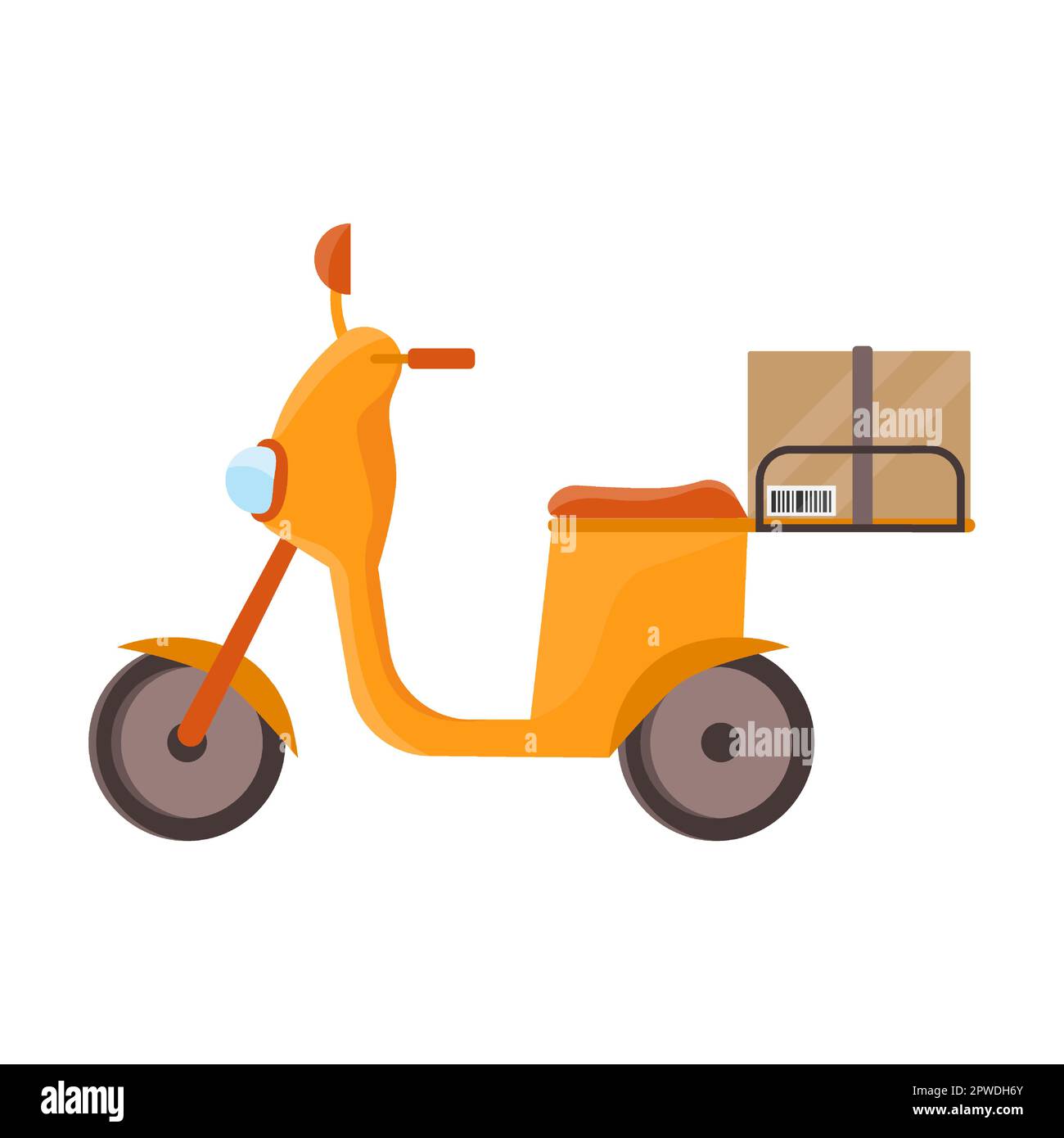 Mail yellow scooter with parcel box. Courier delivery element vector ...