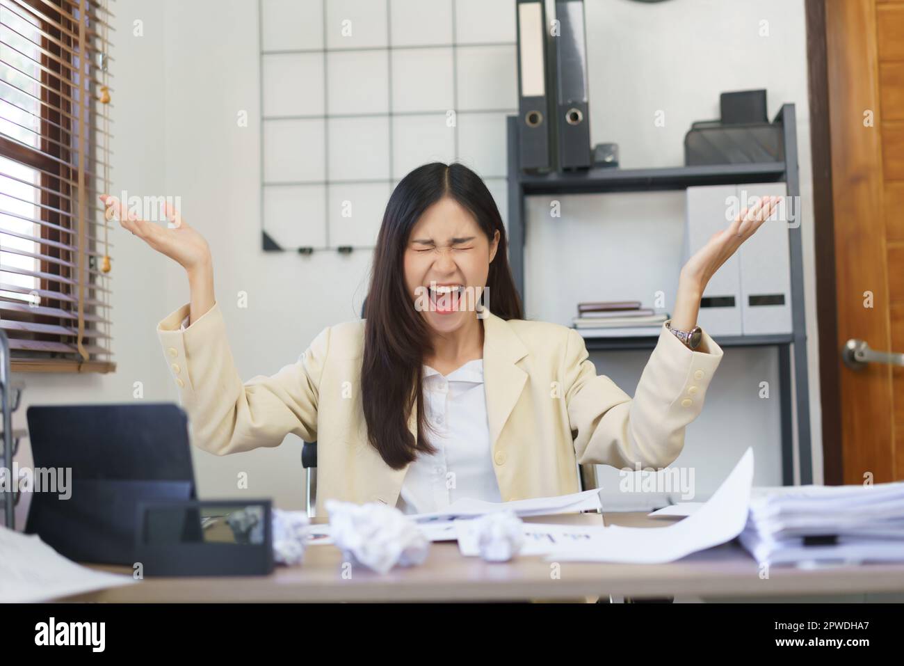 Work of secretary concept, Female secretary screaming and throwing ...