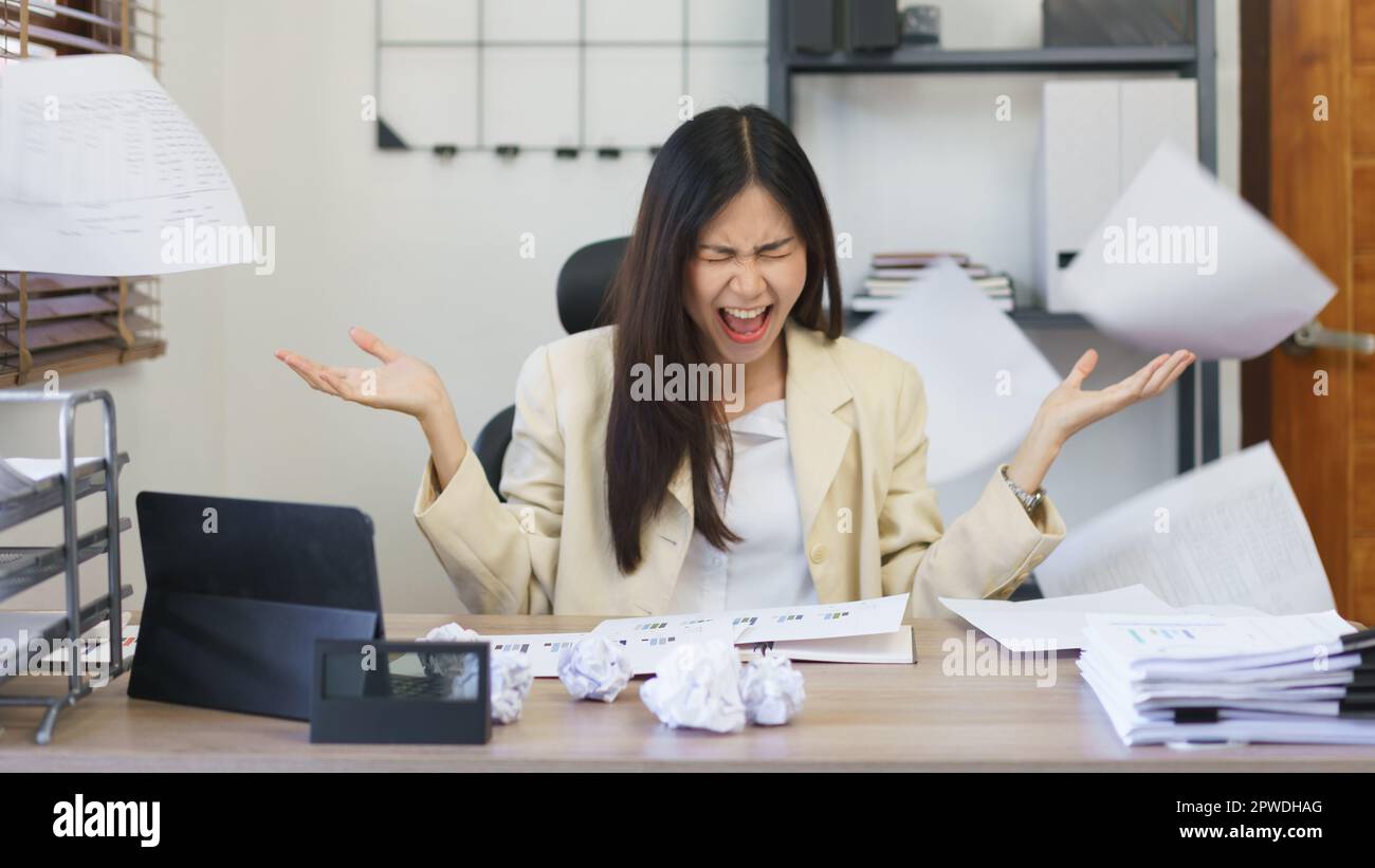 Work of secretary concept, Female secretary screaming and throwing ...