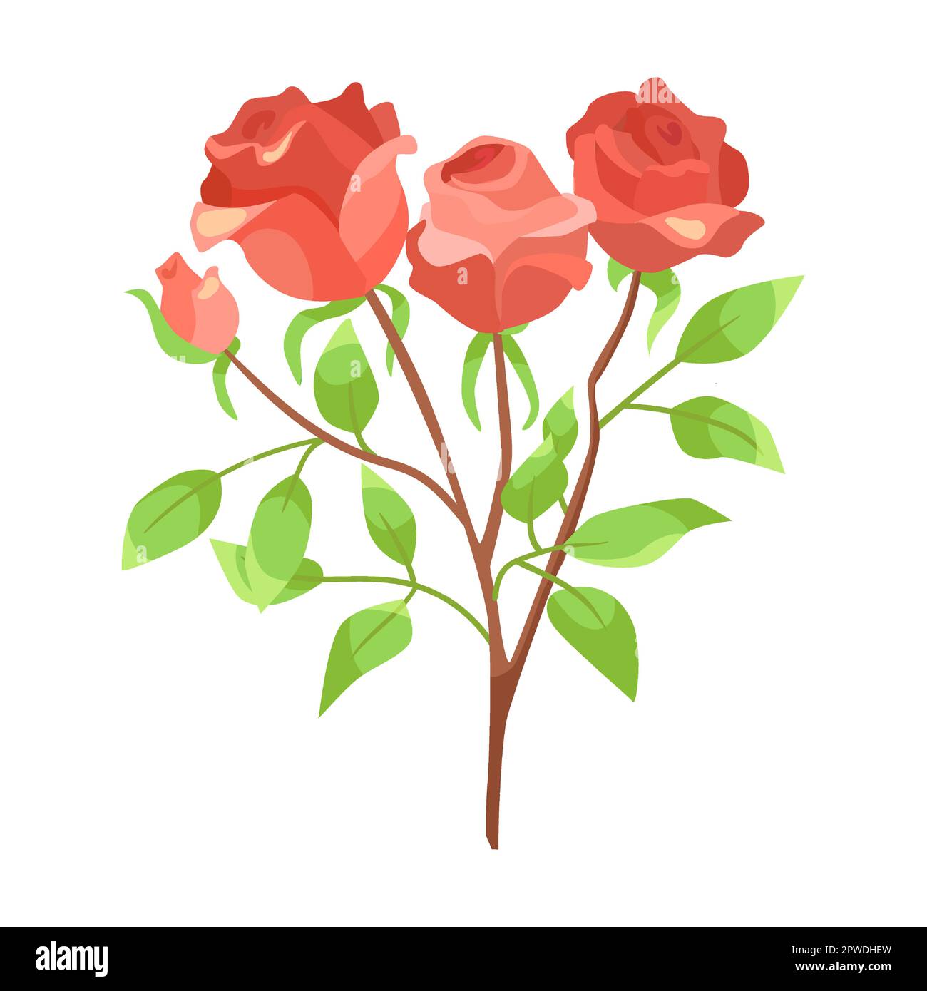 twig with leaves, flower red Blossoming rose branch, cartoon ...