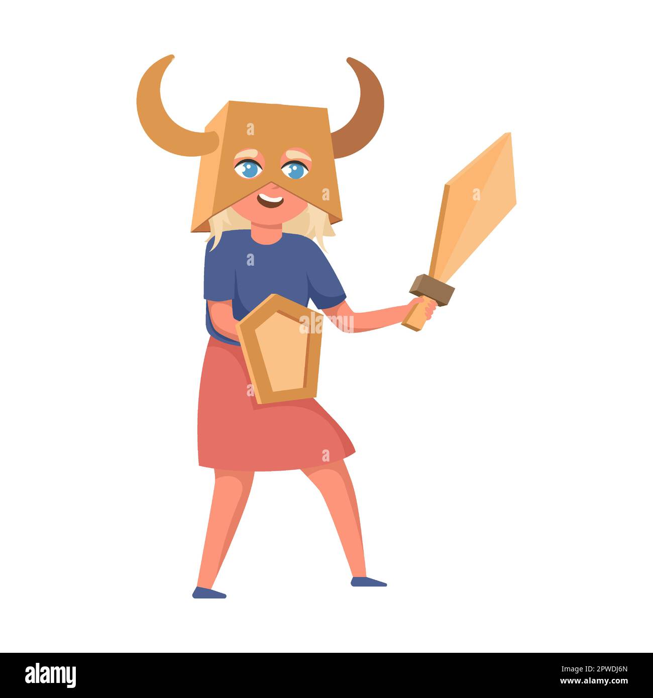 Kid with costume ancient viking knight from cardboard boxe vector ...