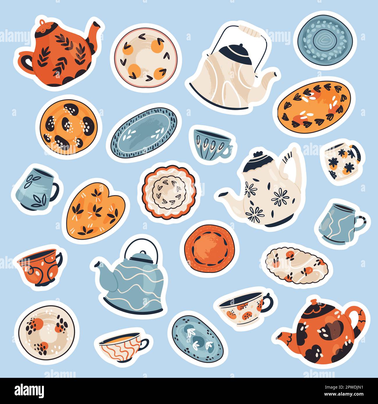 Cartoon retro kitchen collection with ceramic and porcelain teapot and ...