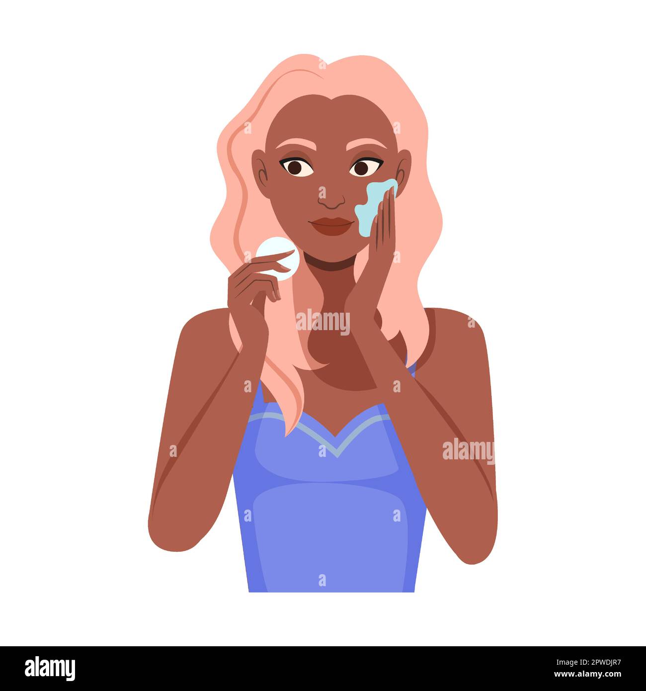 Cartoon girl uses cleansing toner sponge, doing skincare routine vector ...