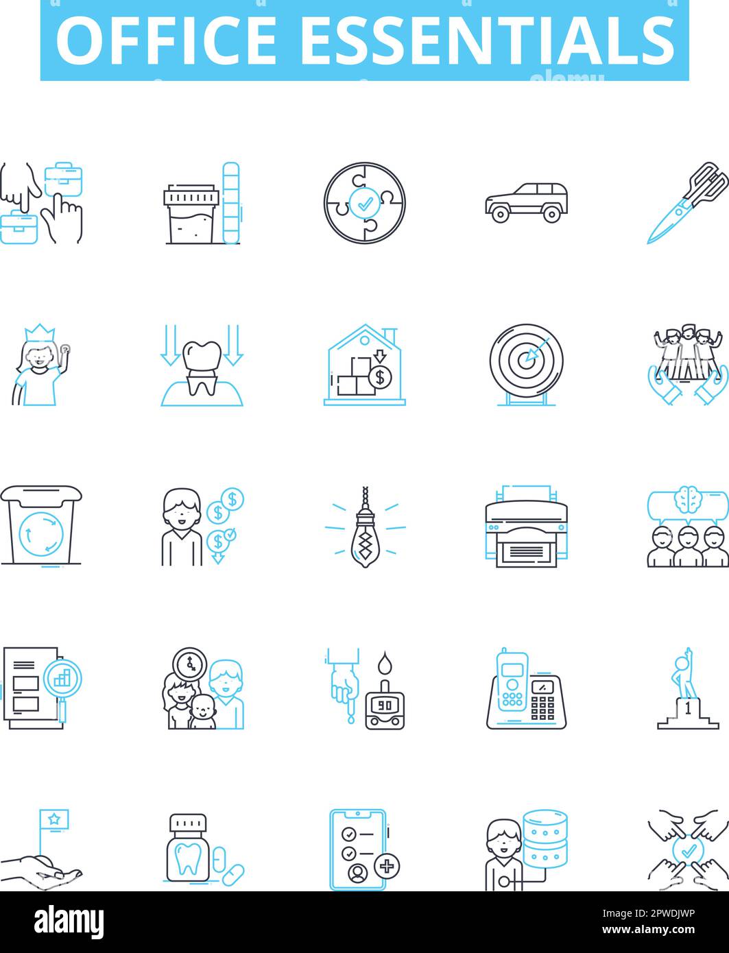 Office essentials vector line icons set. Desk, Chair, Pens, Printer ...