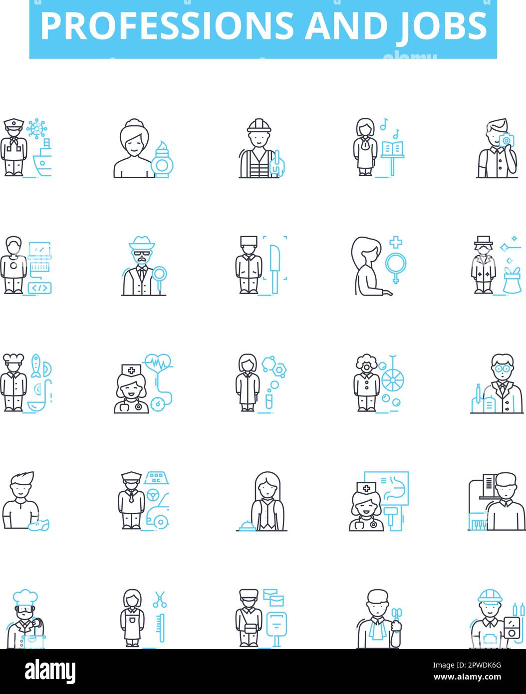 Professions and jobs vector line icons set. Carpenter, Plumber ...