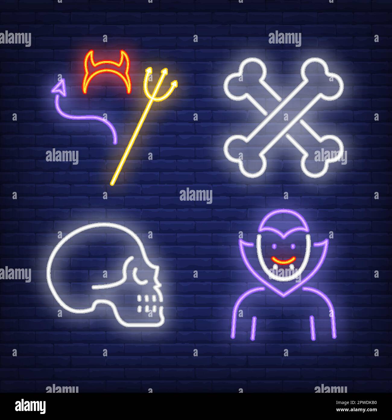 Dracula, skull, bones, horns and trident neon signs set Stock Vector ...