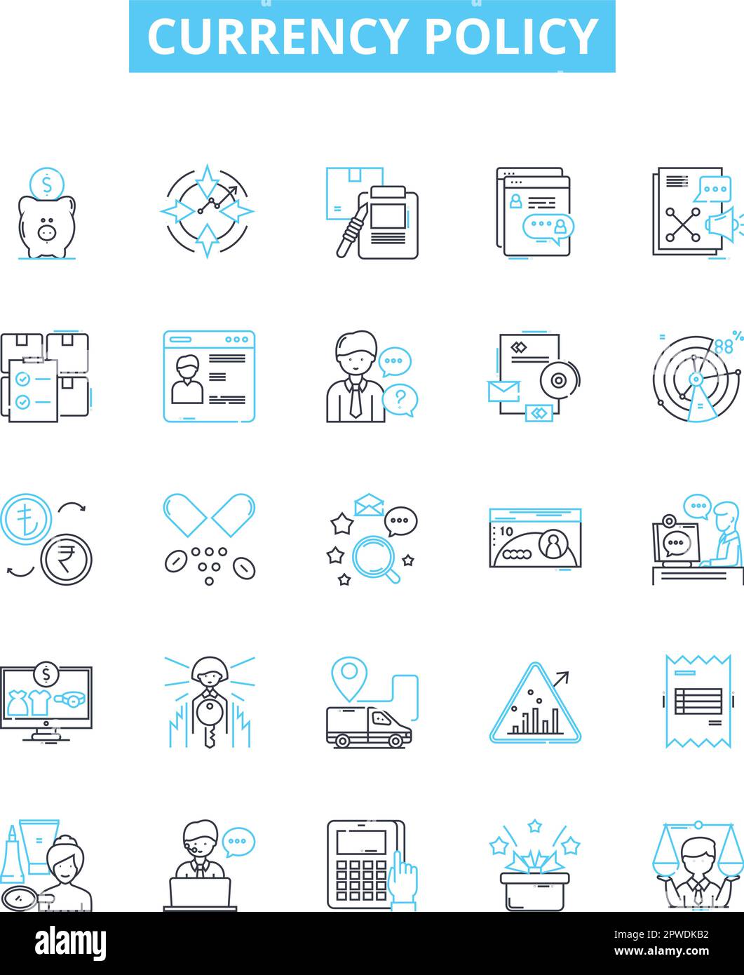 Currency policy vector line icons set. Exchange, Rate, Monetary, Value, Money, Foreign, Market ...