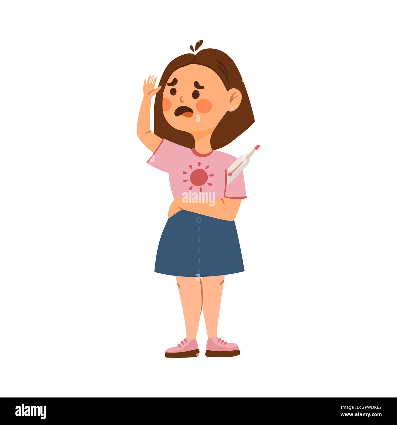 Sad sick girl with thermometer raising hand cartoon illustration Stock ...