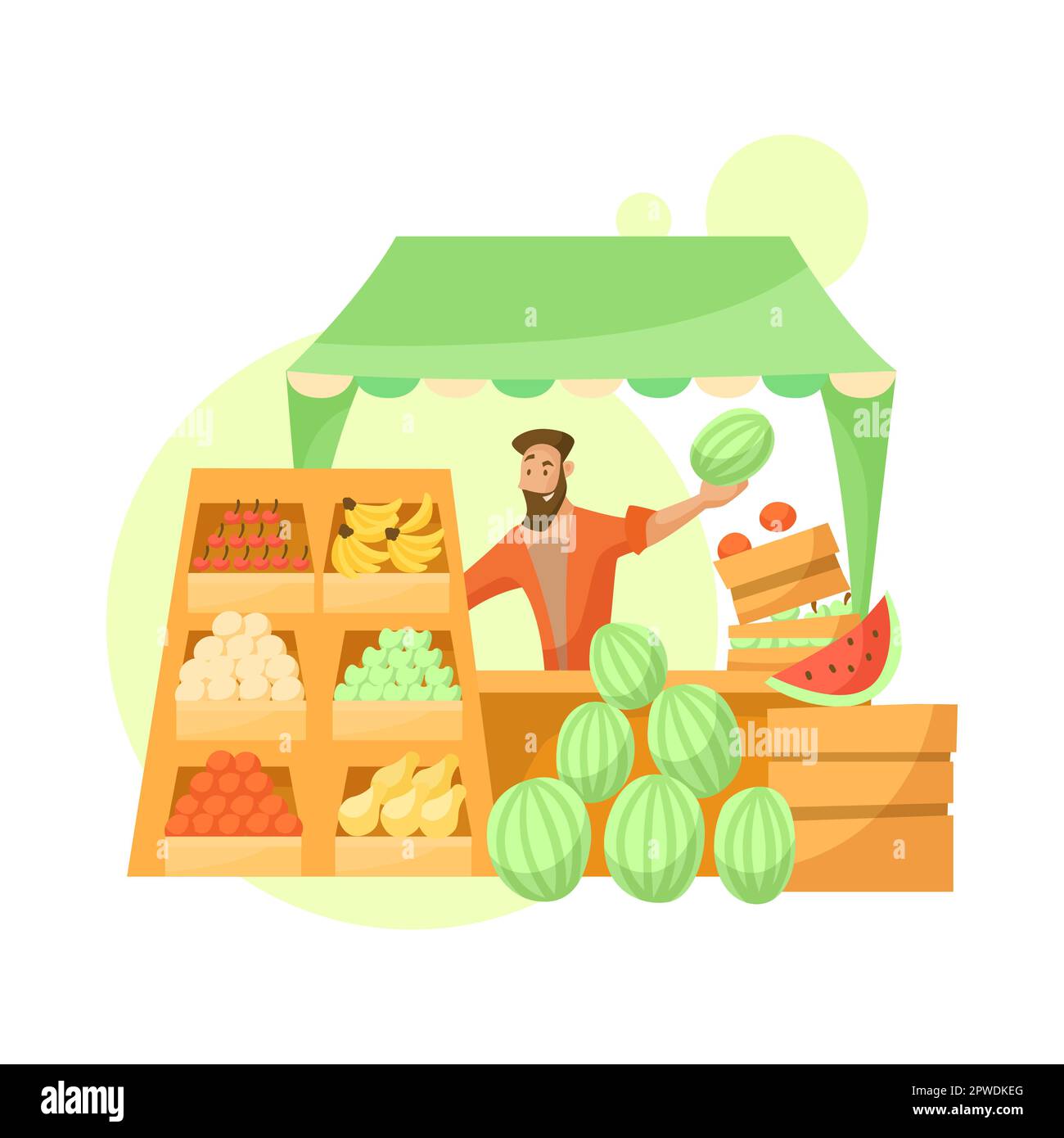 Fair booth with fruits and male seller flat vector illustration Stock ...
