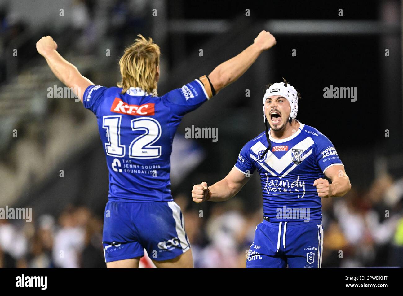 Reed Mahoney and Jacob Preston of the Bulldogs celebrate their win over ...