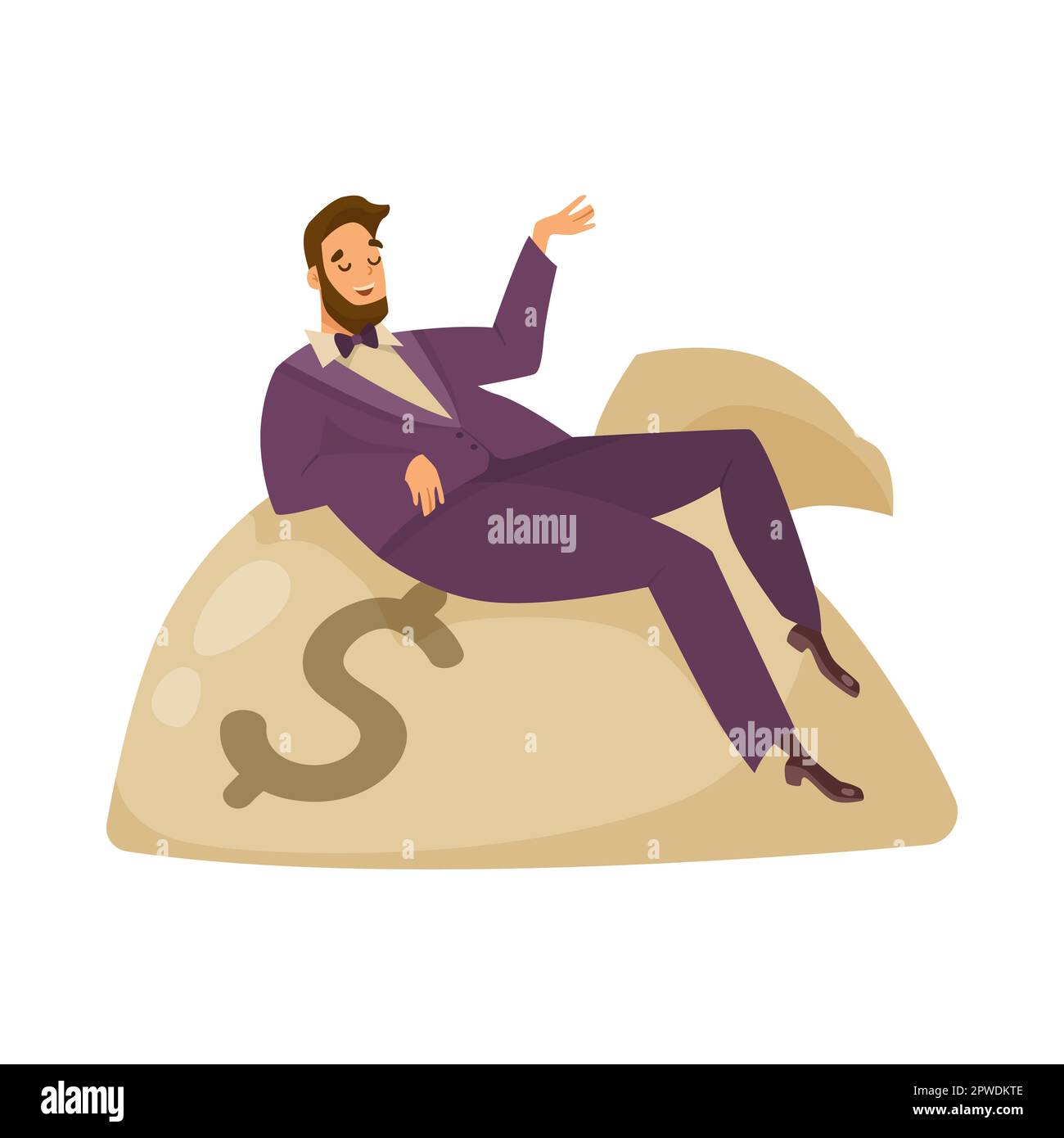 Rich man lying on huge bag of money cartoon illustration Stock Vector ...
