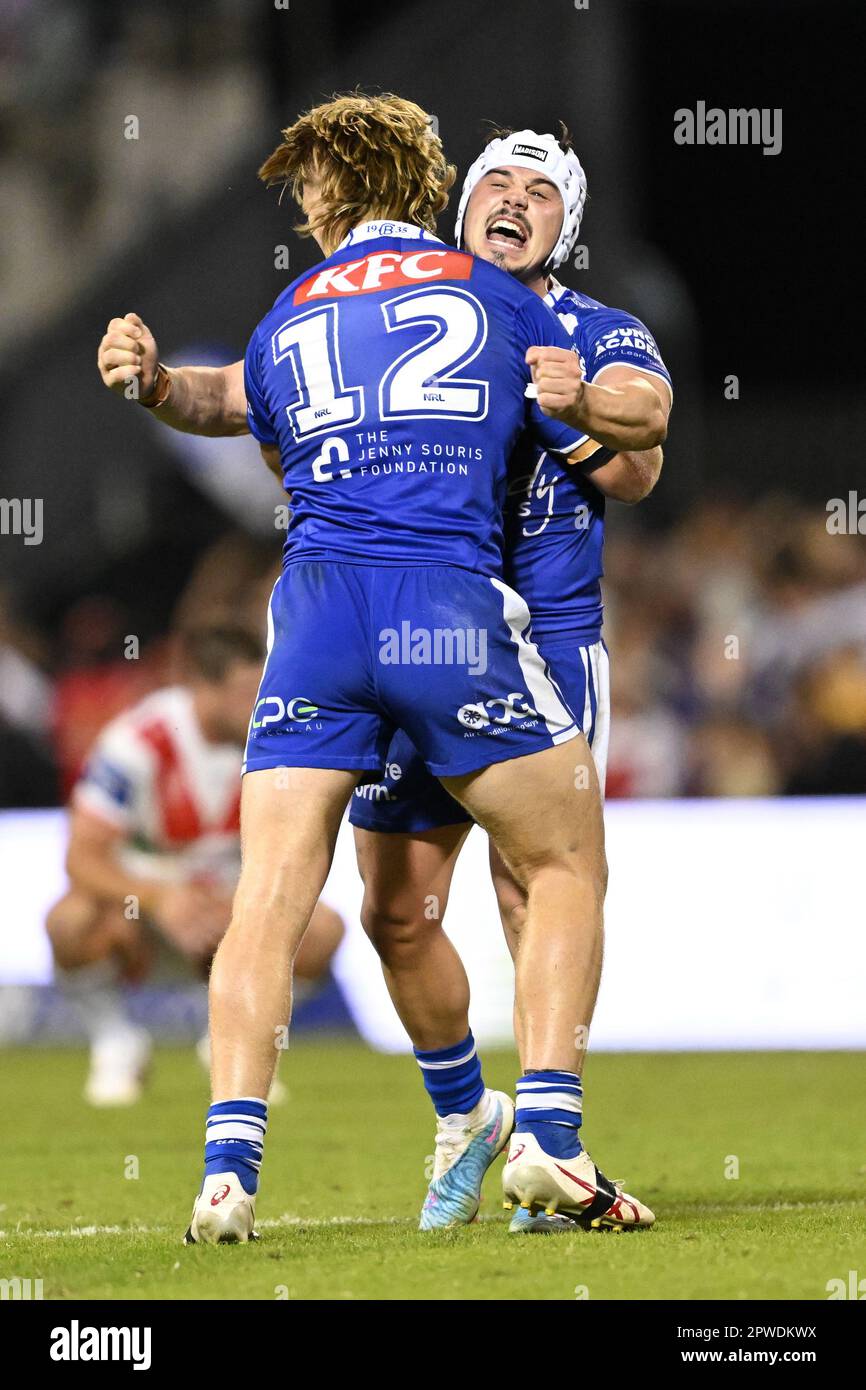 Reed Mahoney and Jacob Preston of the Bulldogs celebrate their win over ...