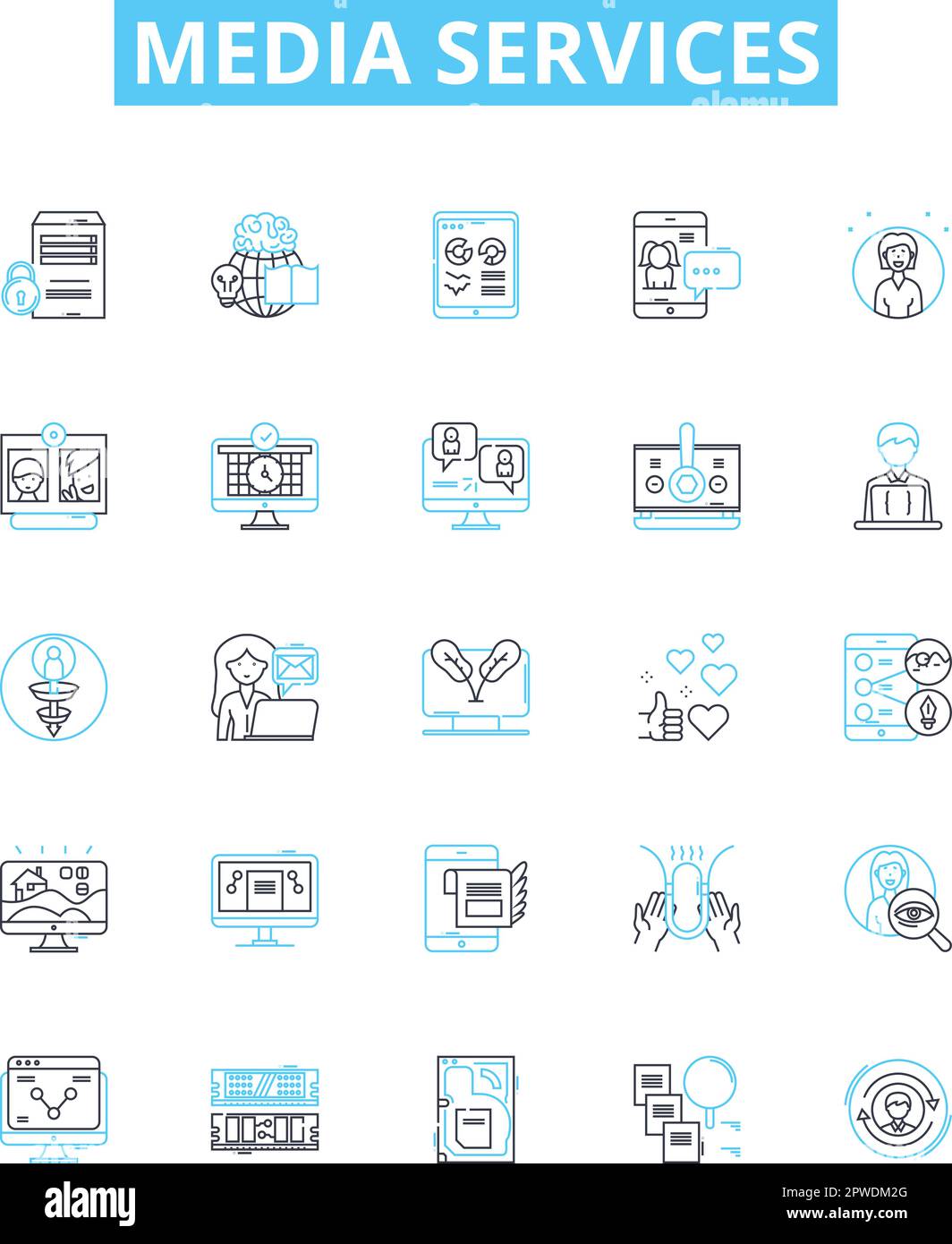 Media services vector line icons set. Broadcasting, Streaming, Advertising, Publishing ...