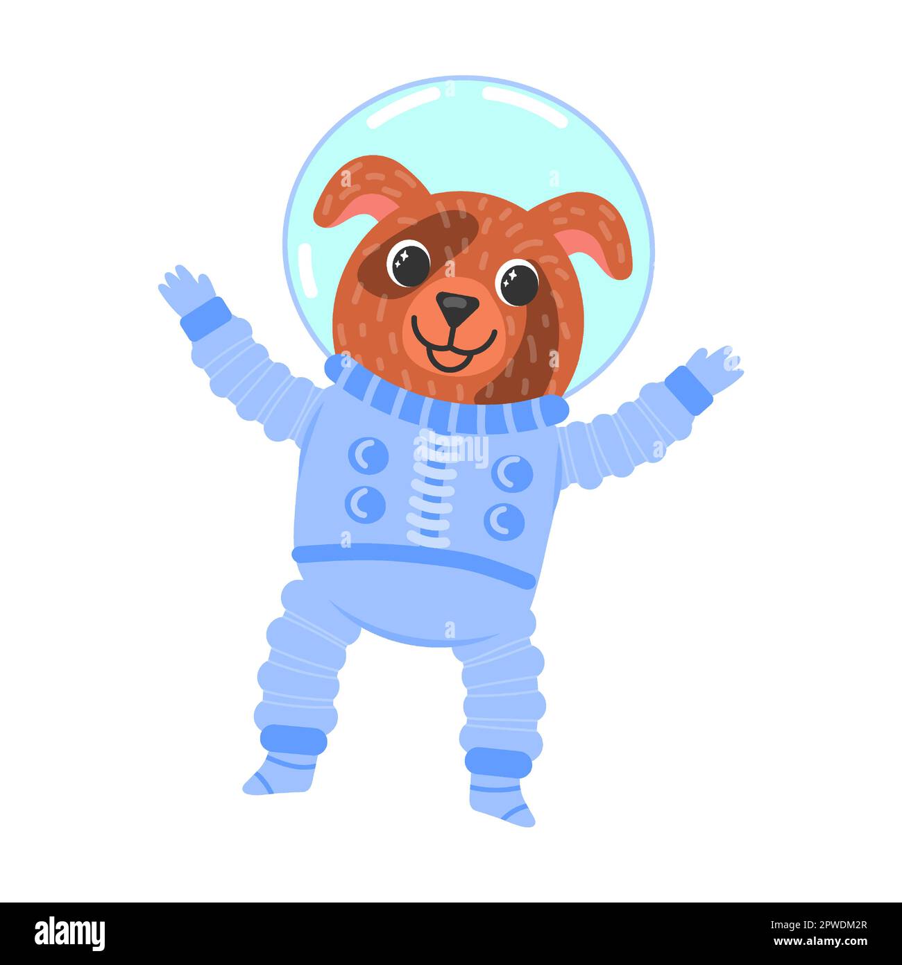 shaggy puppy dog waving his arms, astronaut in protective suit and ...