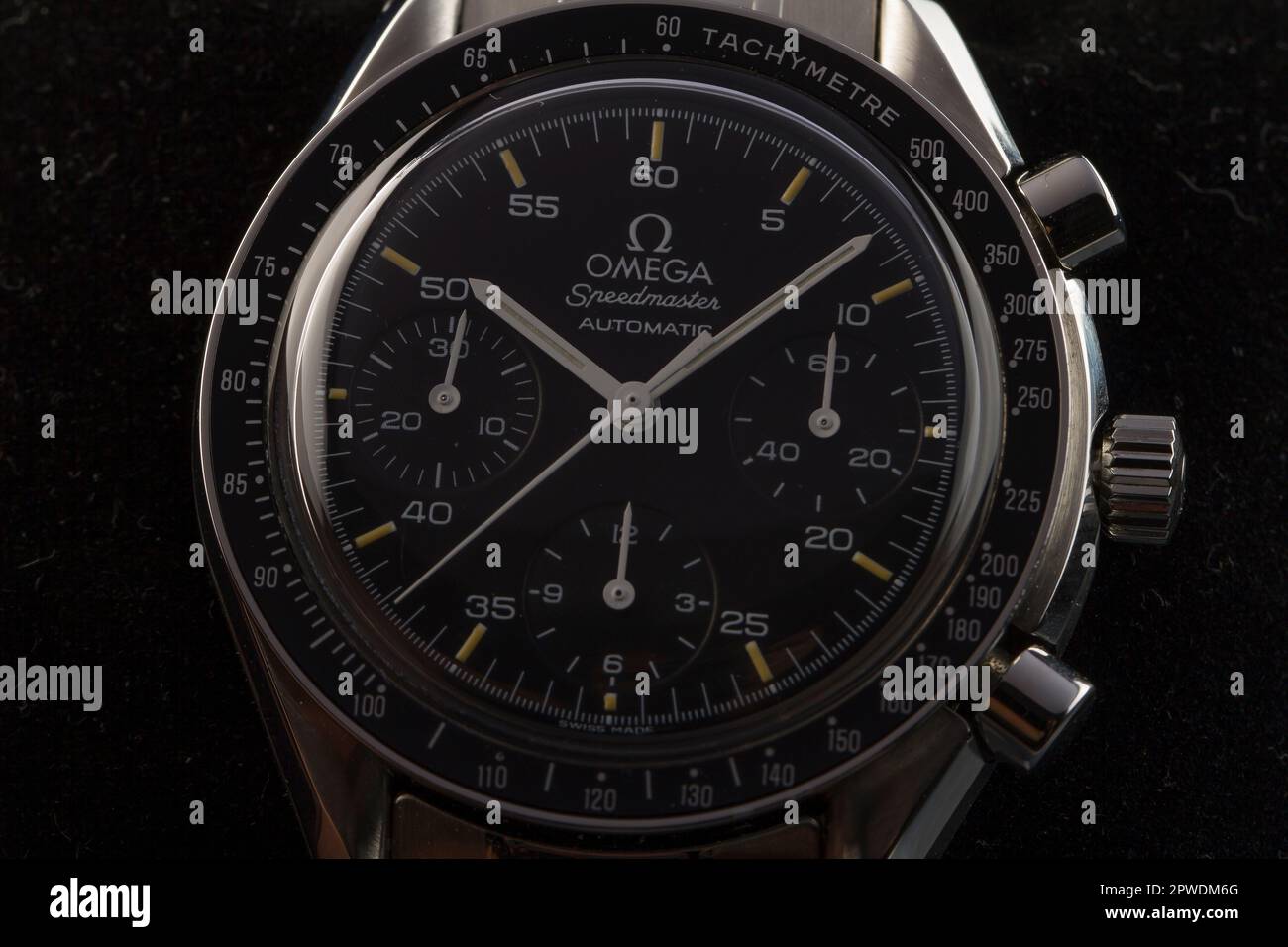 Milan, Italy - April 28, 2023: close up on a vintage Omega Speedmaster ...